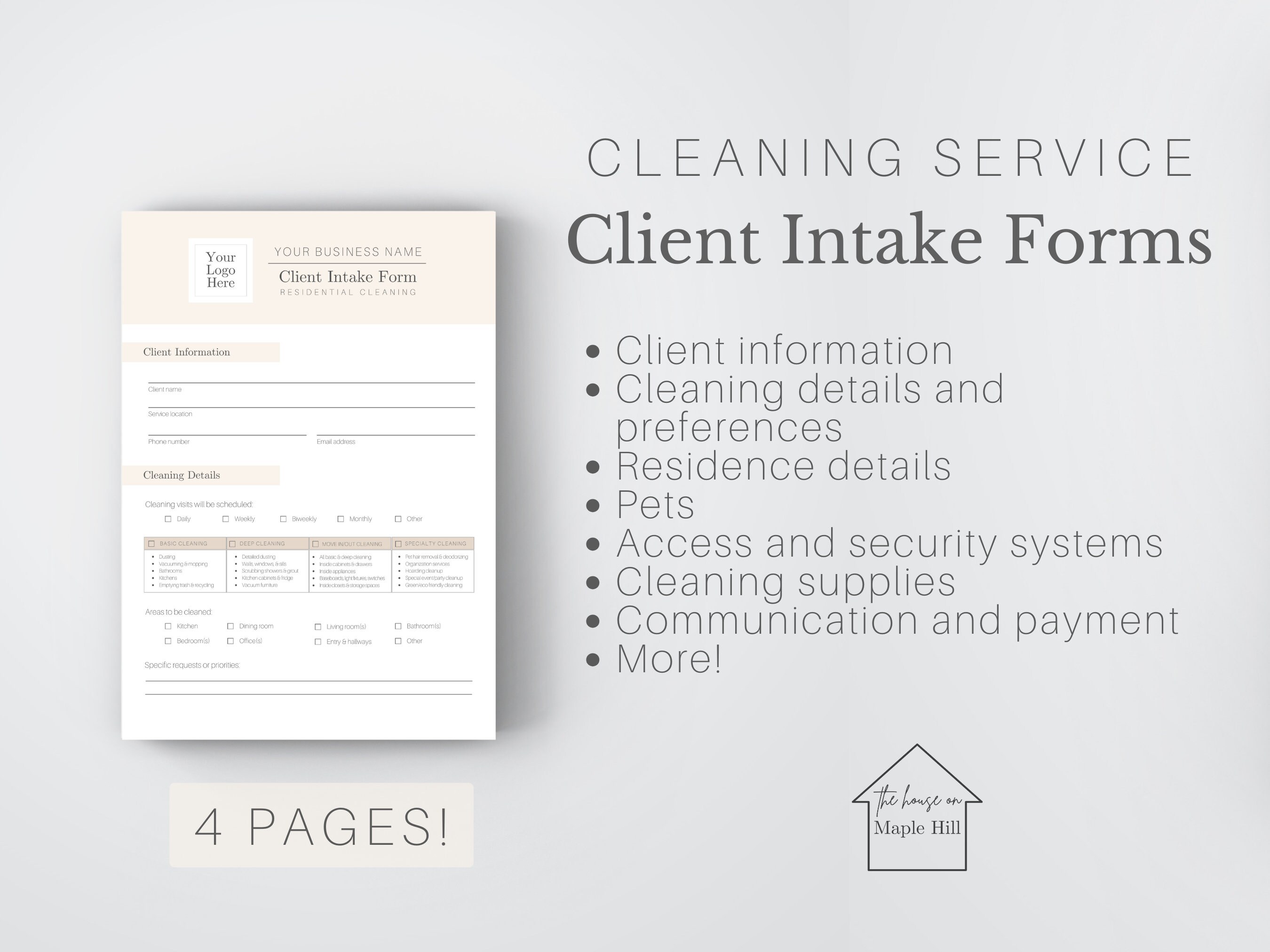 Cleaning Business Client Intake Forms, House Cleaning Client Forms ...