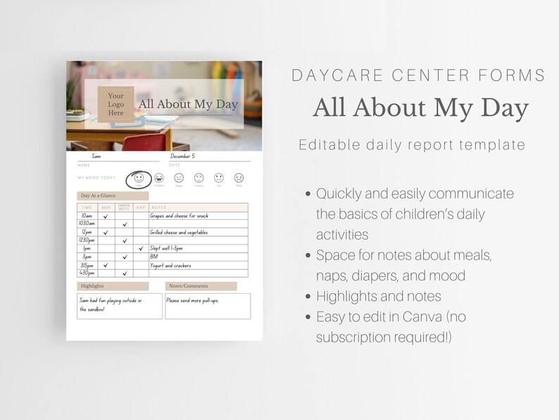 All About My Day Report Card, Daycare Forms, Childcare Forms, Daycare ...