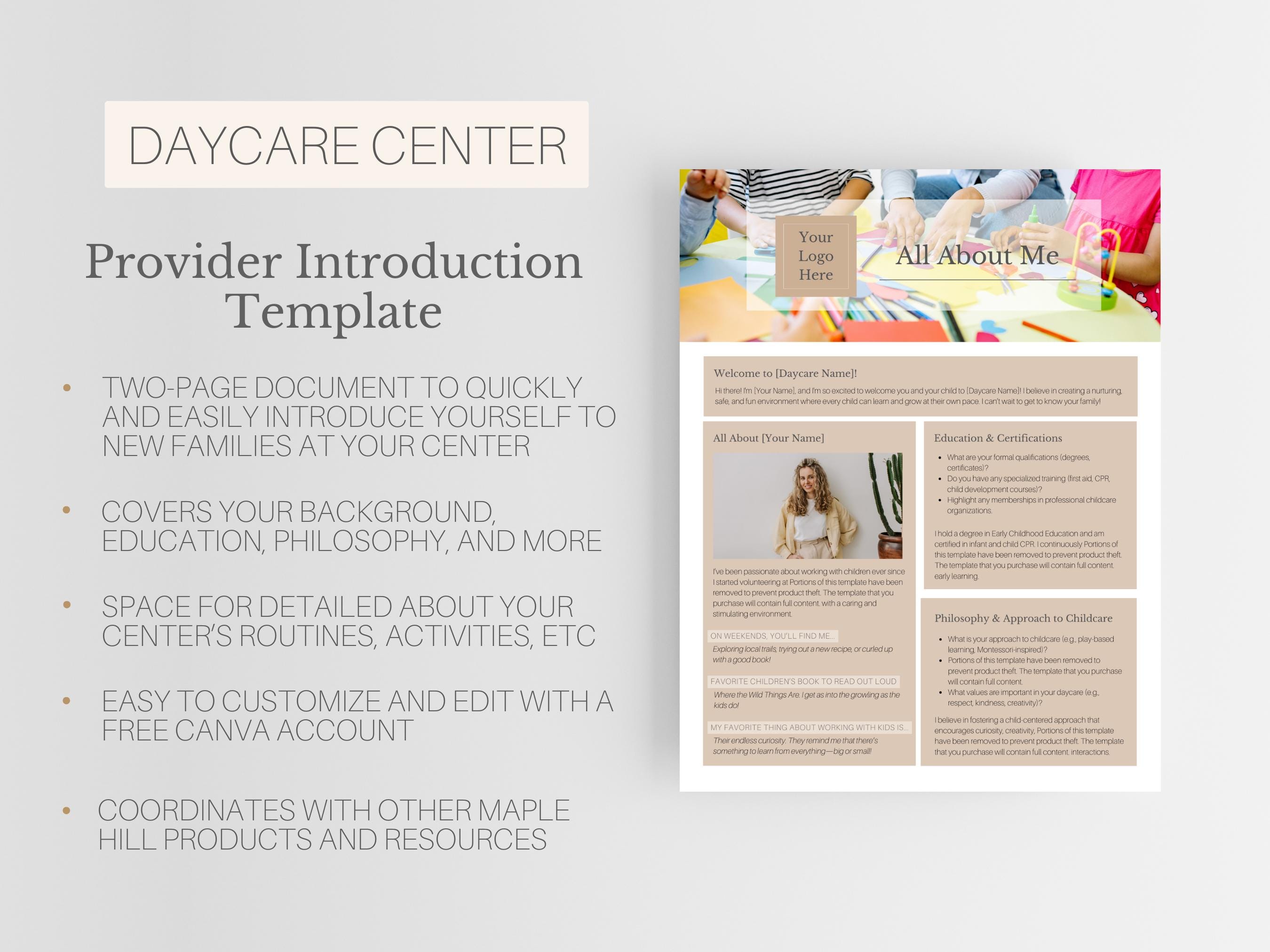 Daycare Center Provider Introduction Forms, About the Daycare Teacher ...