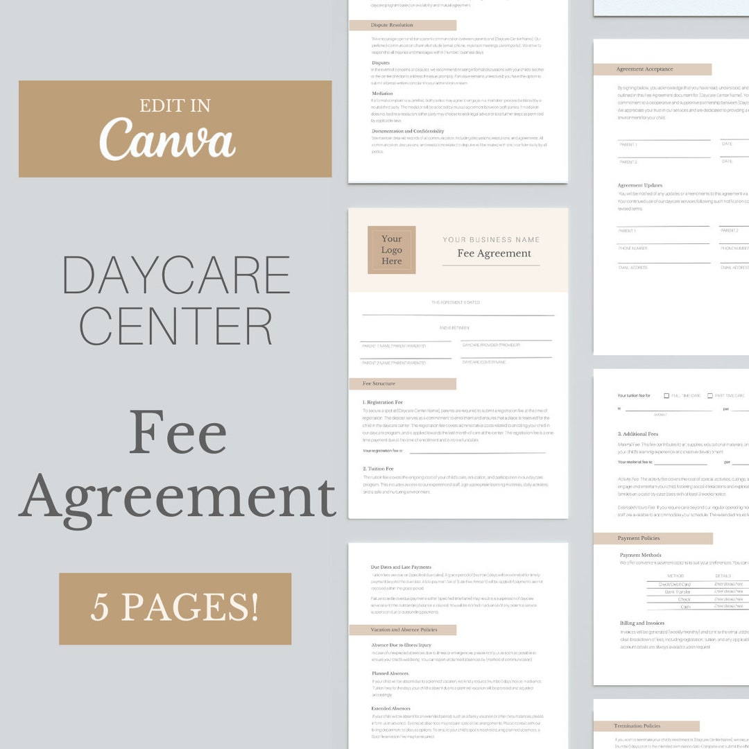 Daycare Center Fee Agreement Forms, Daycare Center Forms, Daycare ...