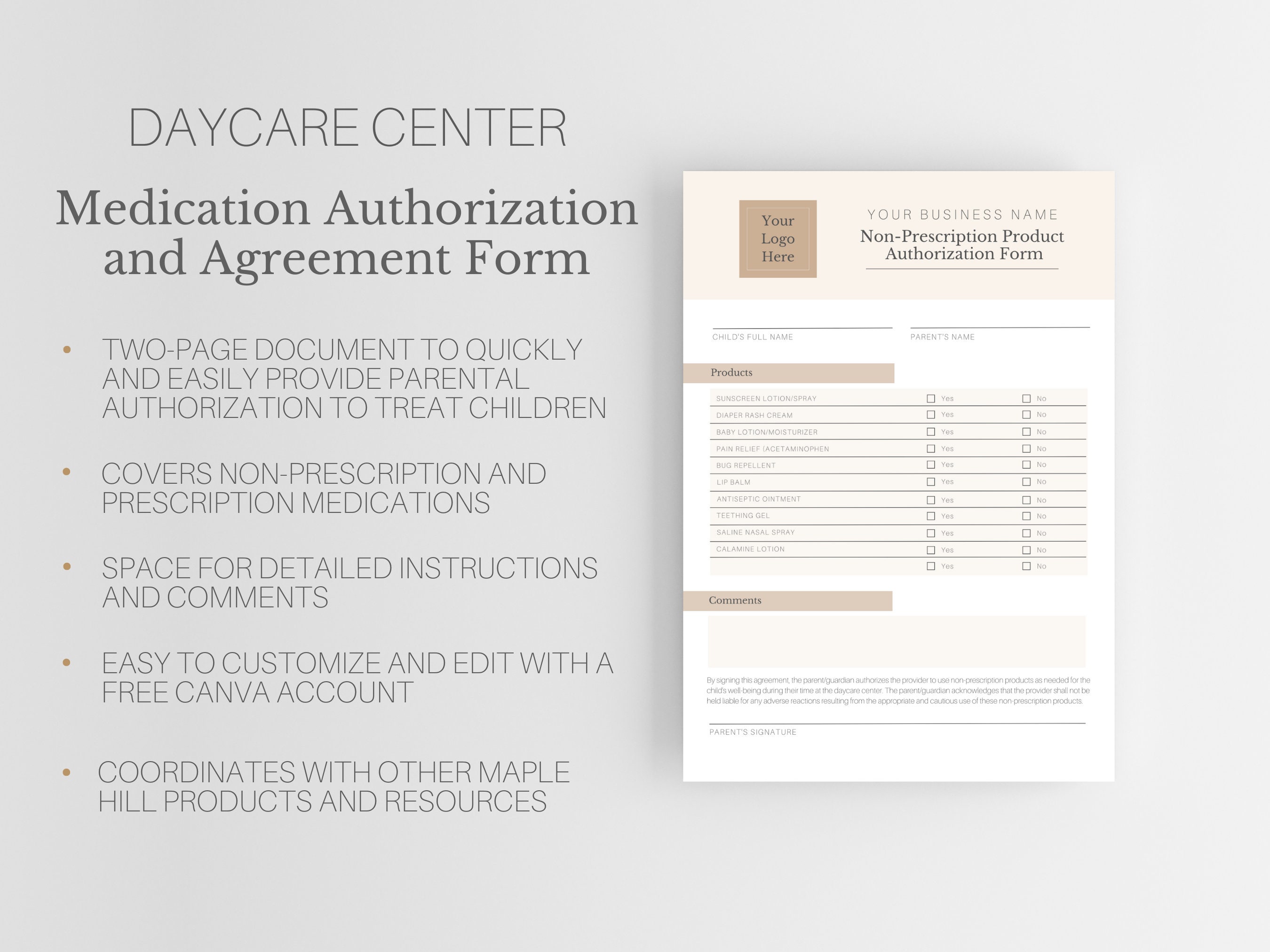 Daycare Center Medication Authorization Forms, Daycare Center Paperwork, Daycare Contract, in ...