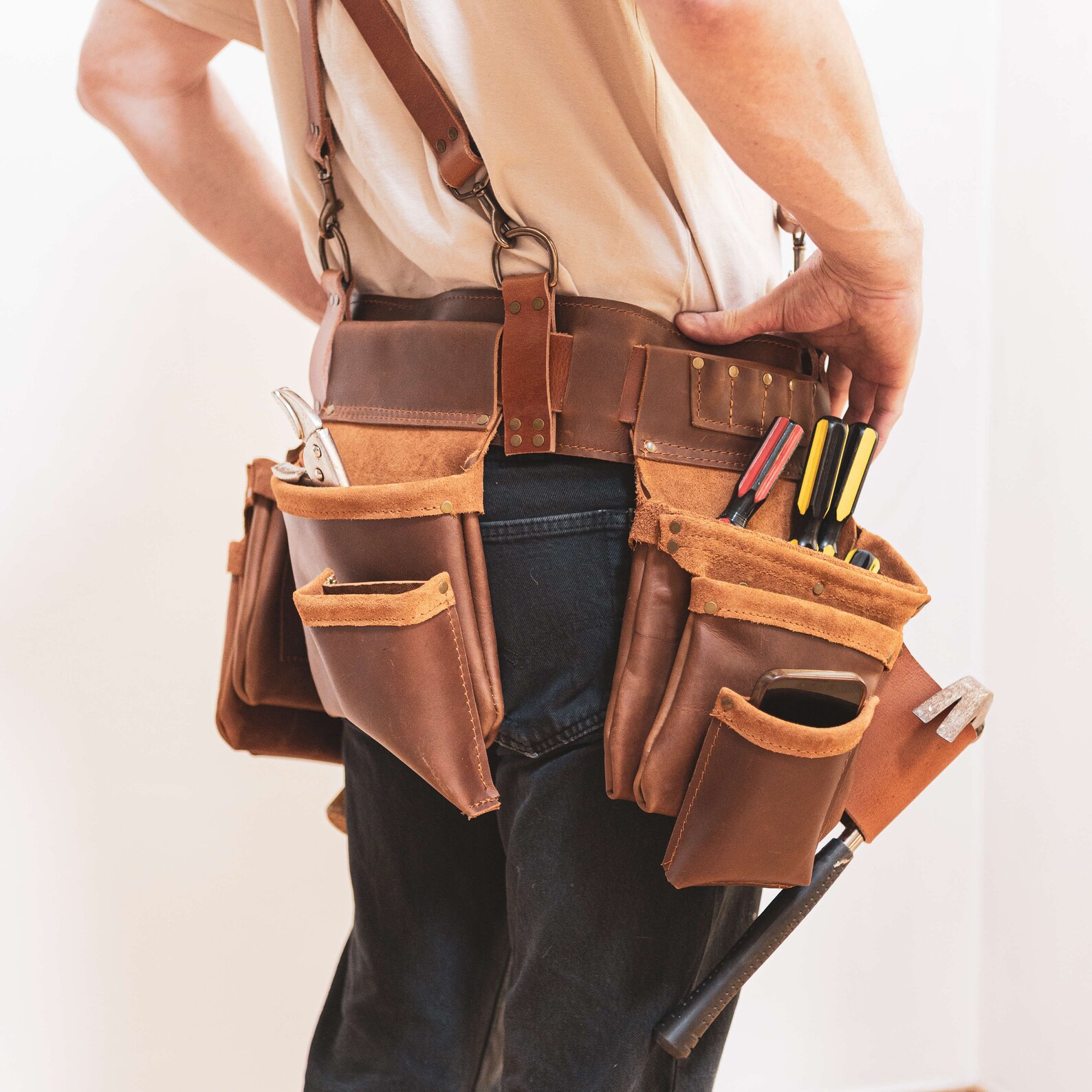 Professional Carpenter Leather Tool Belt, Tool Belt With Suspenders, Tool Belt Pouch, Handmade ...
