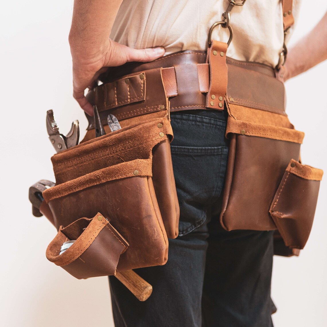Professional Carpenter Leather Tool Belt, Tool Belt With Suspenders, Tool Belt Pouch, Handmade ...