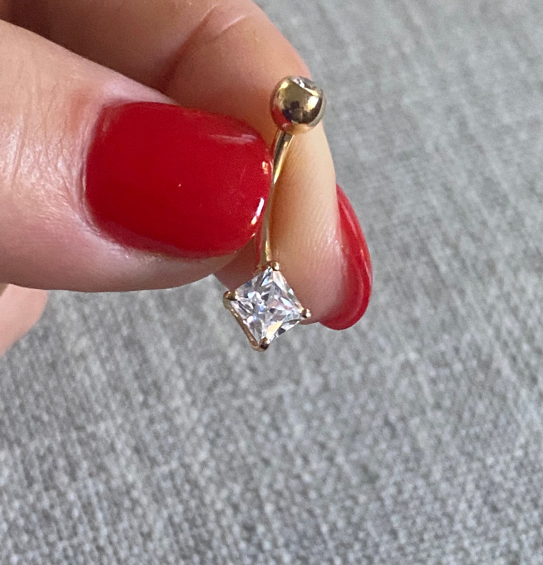 14K Solid Gold Curved Barbell With Cubic Zirconia,belly Button Jewelry ...