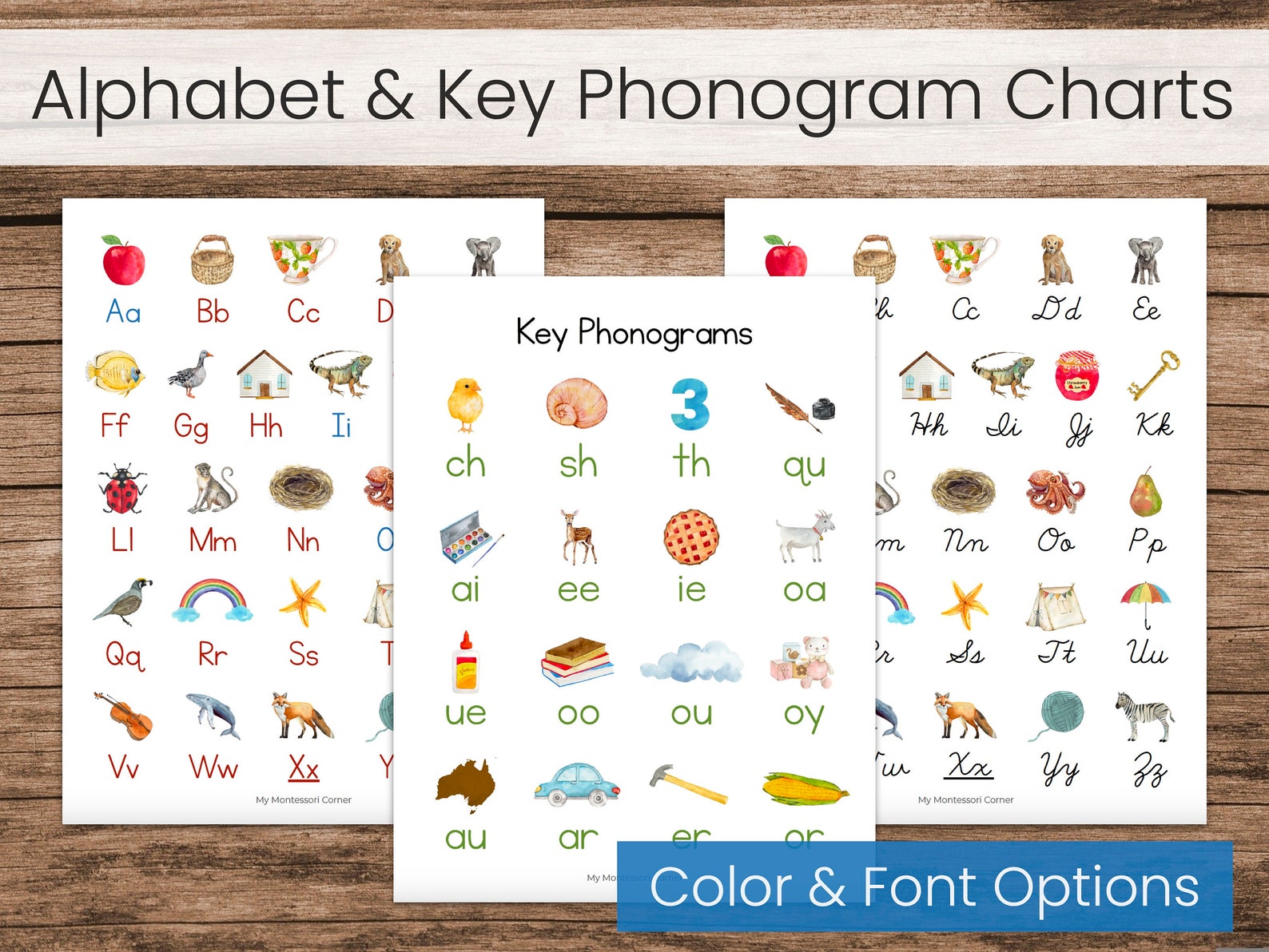 Montessori Alphabet and Key Phonogram Charts - Red, Blue, & Green ...