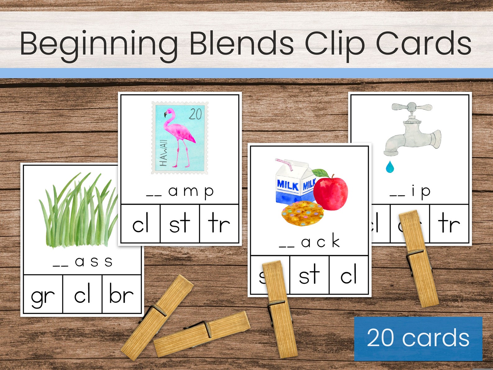Beginning Consonant Blends Clip Cards montessori Blue Series Printable ...
