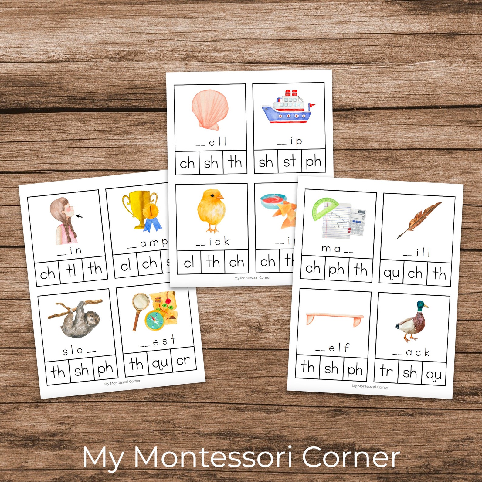 Digraphs CH, Qu, SH, TH Clip Cards (montessori Green Series Language ...