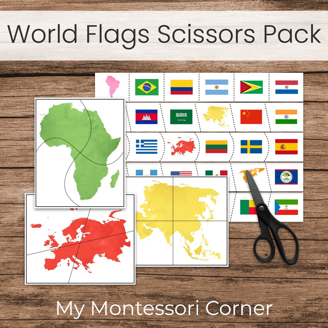 World Flags Scissors Strips and Continent Puzzles, Montessori Preschool ...