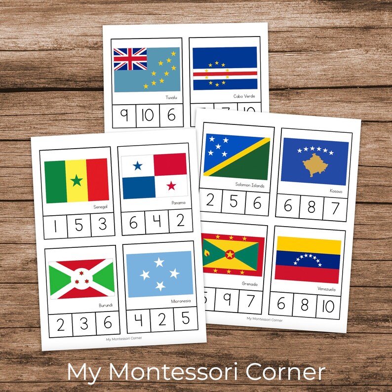 Stars on World Flags Count and Clip Cards 1-10 (montessori Preschool ...