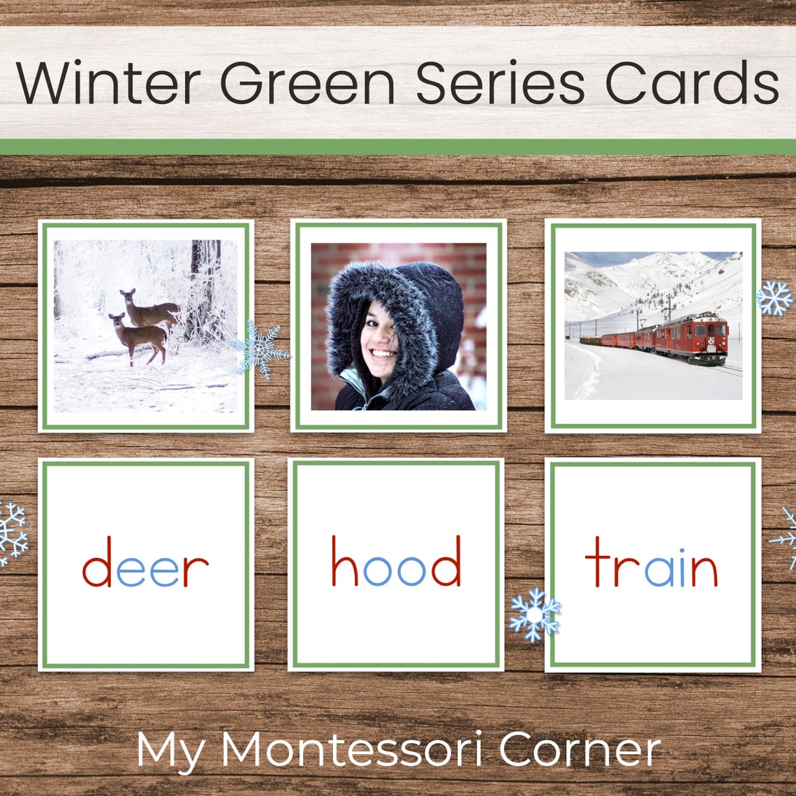 Winter Montessori Green Series Reading Cards picture and Word Matching ...