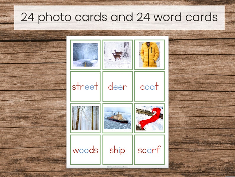 Winter Montessori Green Series Reading Cards (picture and Word Matching ...