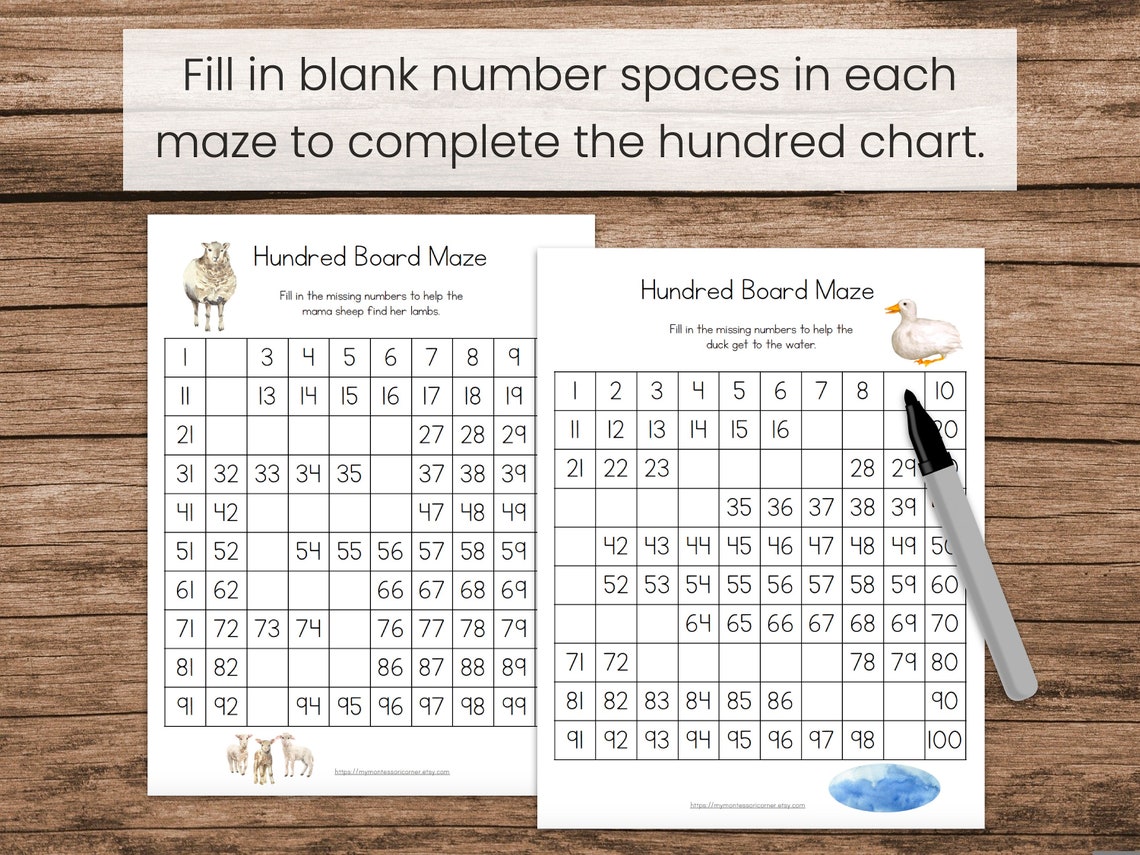 Hundred Chart Maze Worksheets, Nature Theme (montessori Math Printable ...