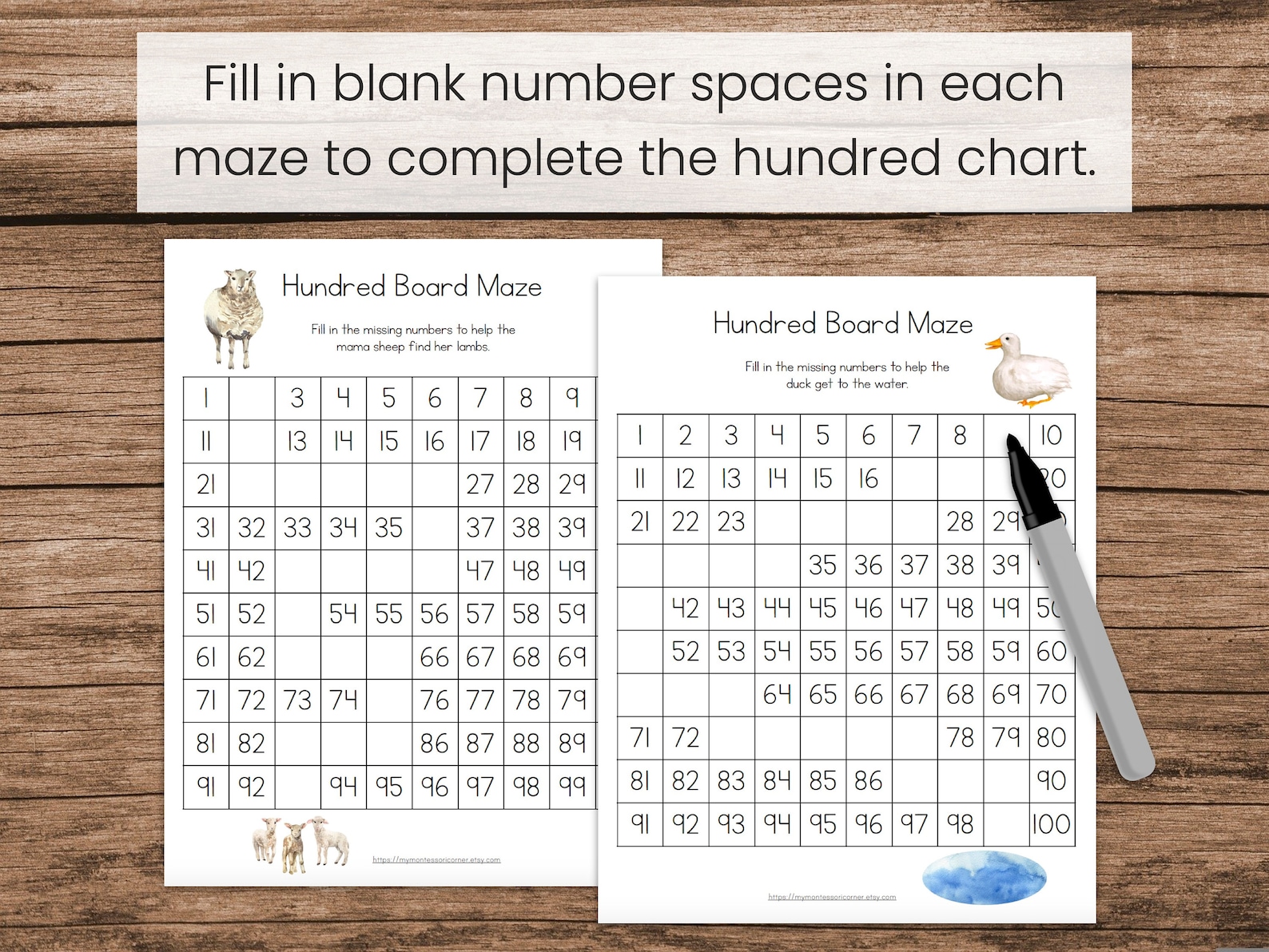 Hundred Chart Maze Worksheets, Nature Theme (montessori Math Printable ...