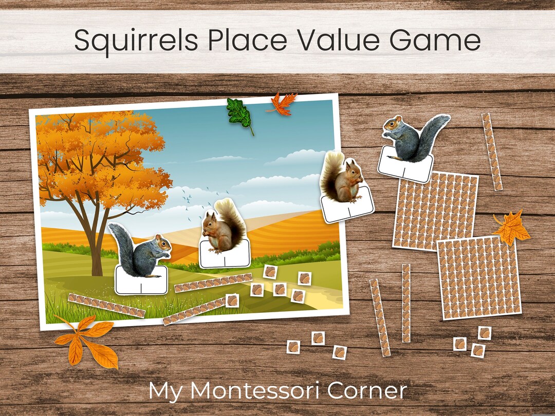 Fall Squirrels Math Game, Montessori Place Value Practice and Golden ...