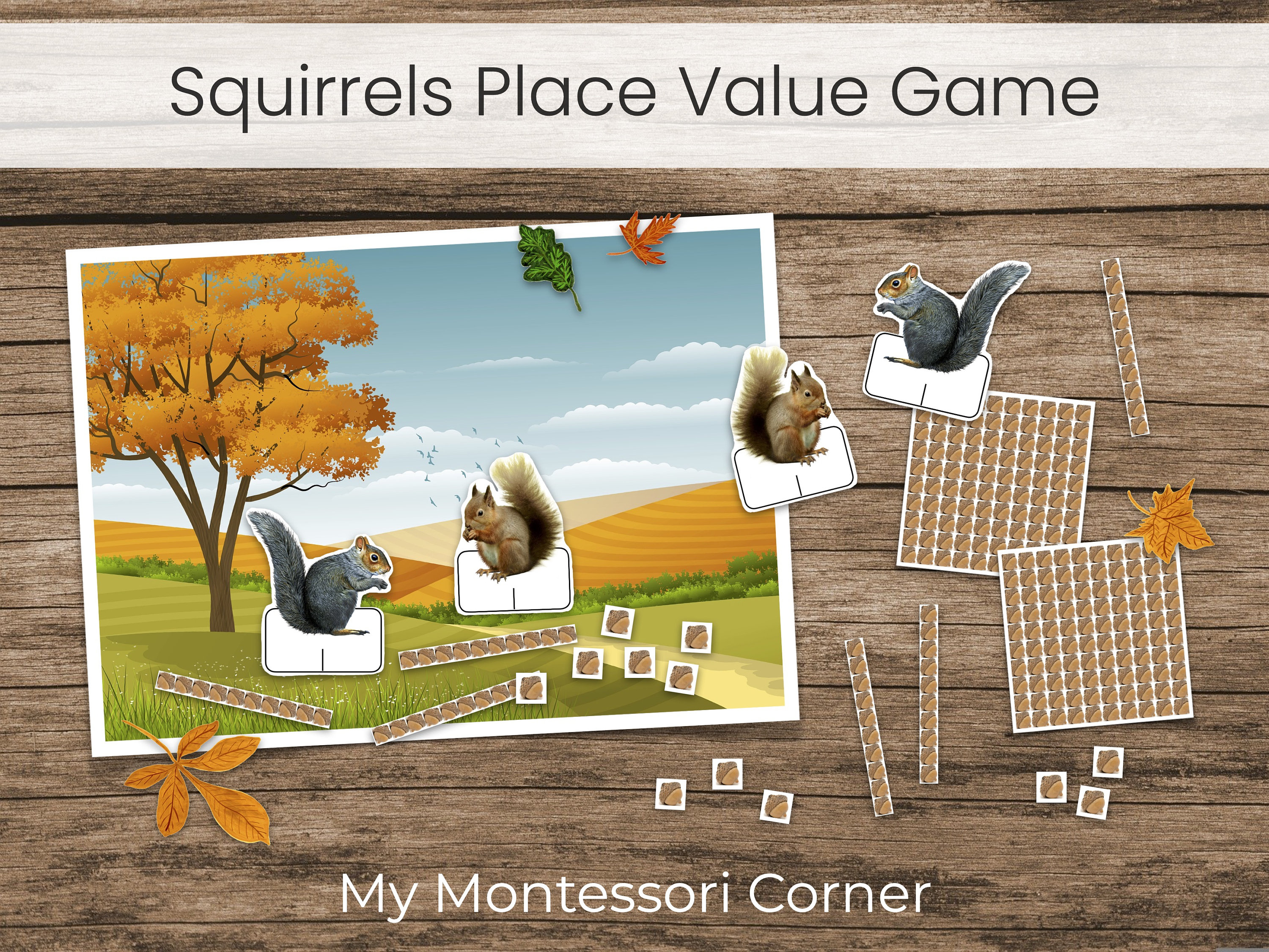 Fall Squirrels Math Game, Montessori Place Value Practice and Golden ...