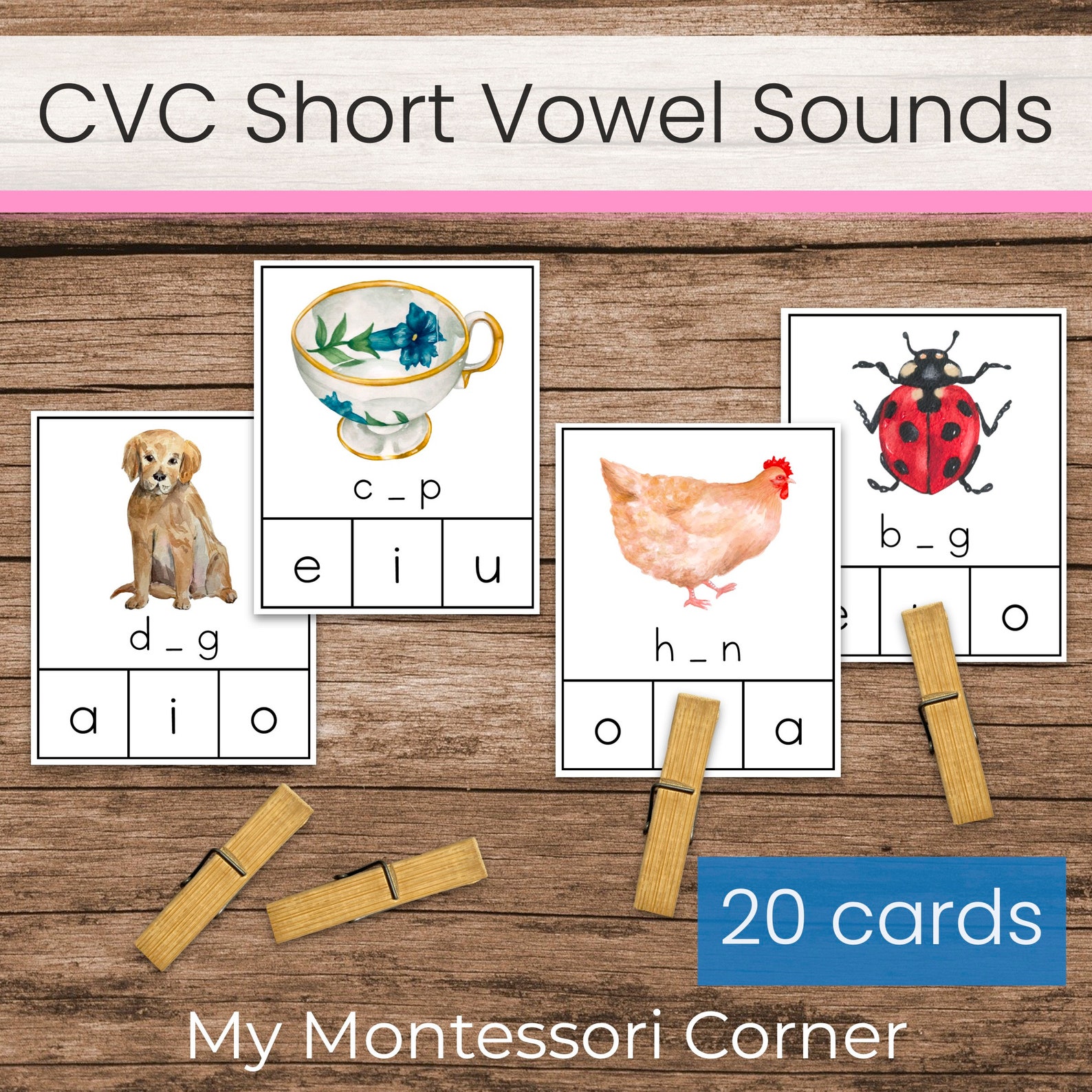 CVC Vowel Sounds Clip Cards (montessori Pink Series Phonics Printable ...