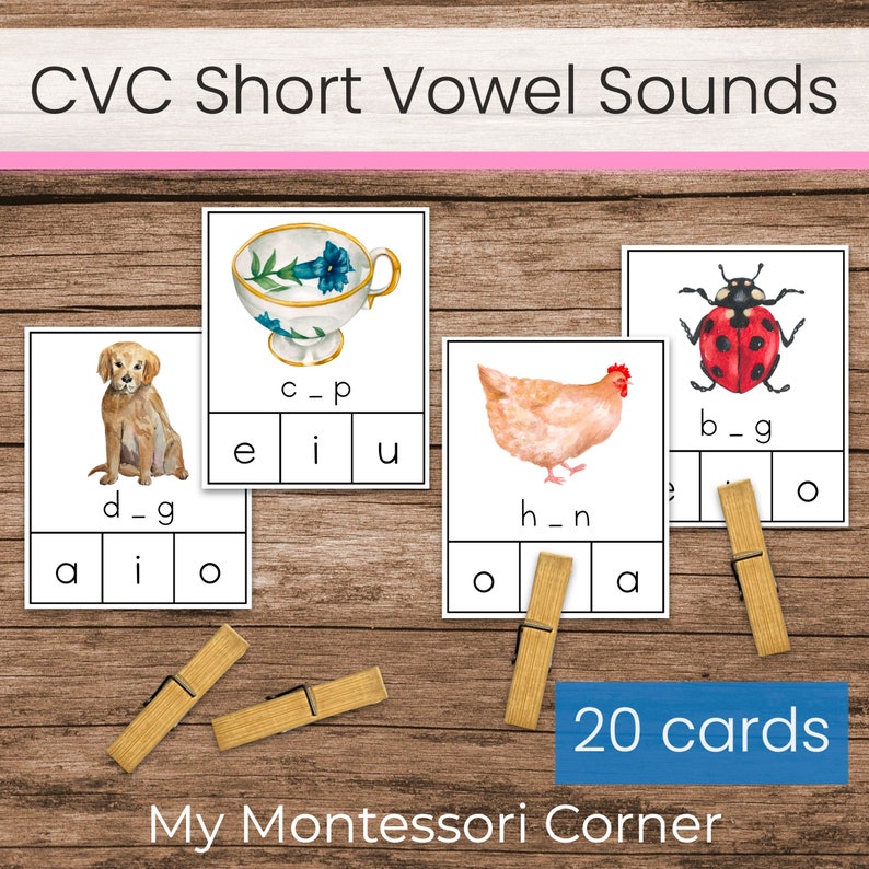 CVC Vowel Sounds Clip Cards (montessori Pink Series Phonics Printable ...