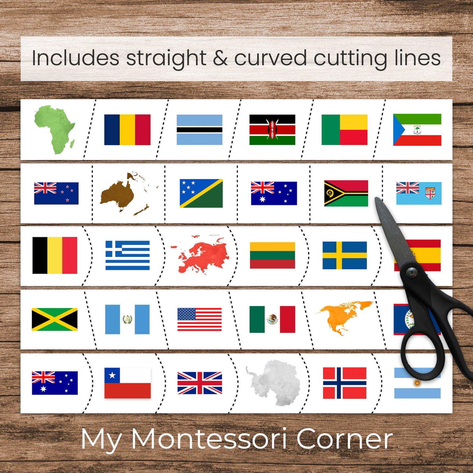 World Flags Scissors Strips and Continent Puzzles, Montessori Preschool ...