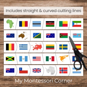 World Flags Scissors Strips and Continent Puzzles, Montessori Preschool ...