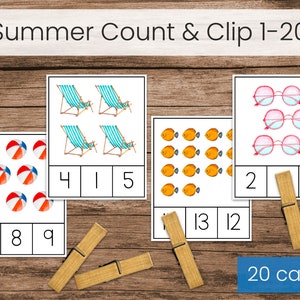 Summer Count and Clip Cards 1-20 (montessori Preschool Math Printable ...