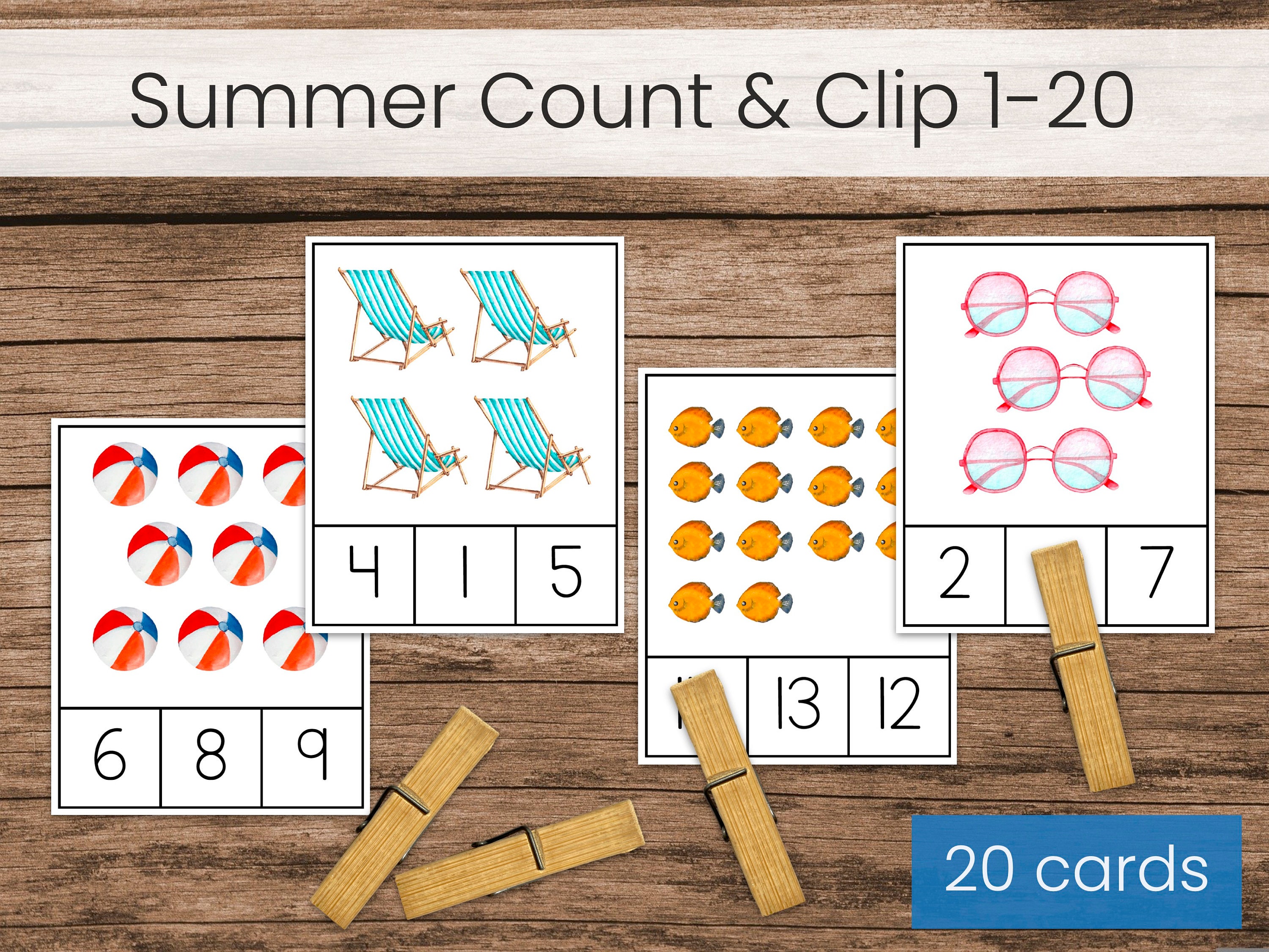 Summer Count and Clip Cards 1-20 (montessori Preschool Math Printable ...