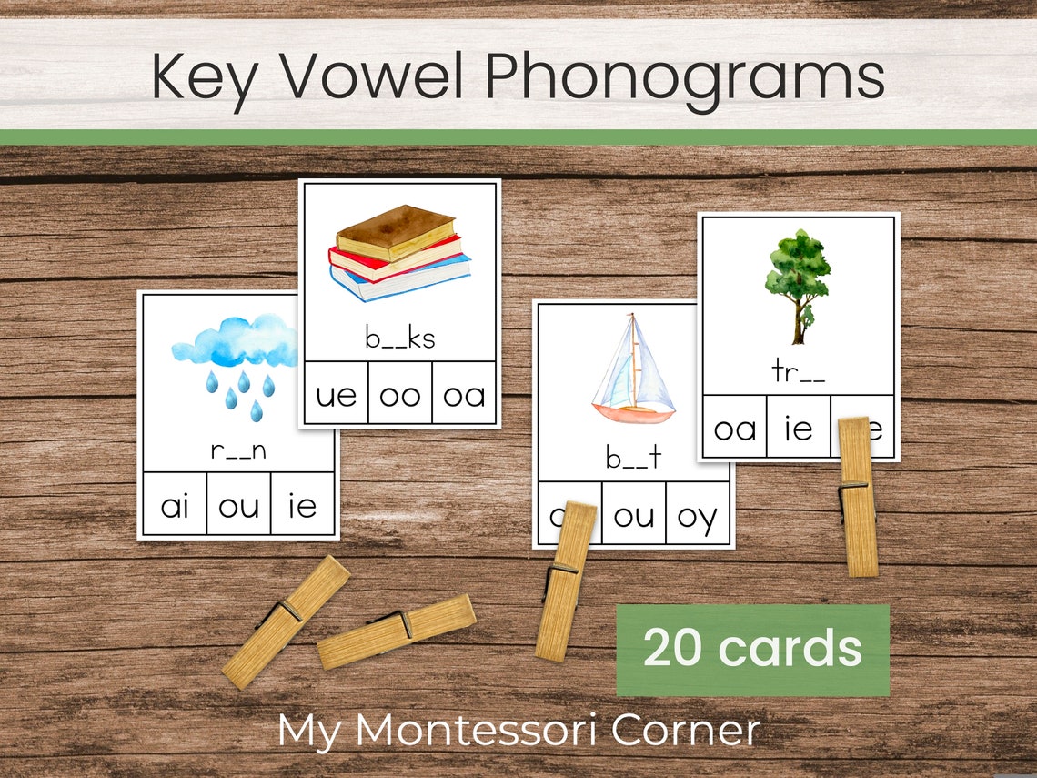 Key Vowel Phonograms Clip Cards montessori Green Series Reading and ...