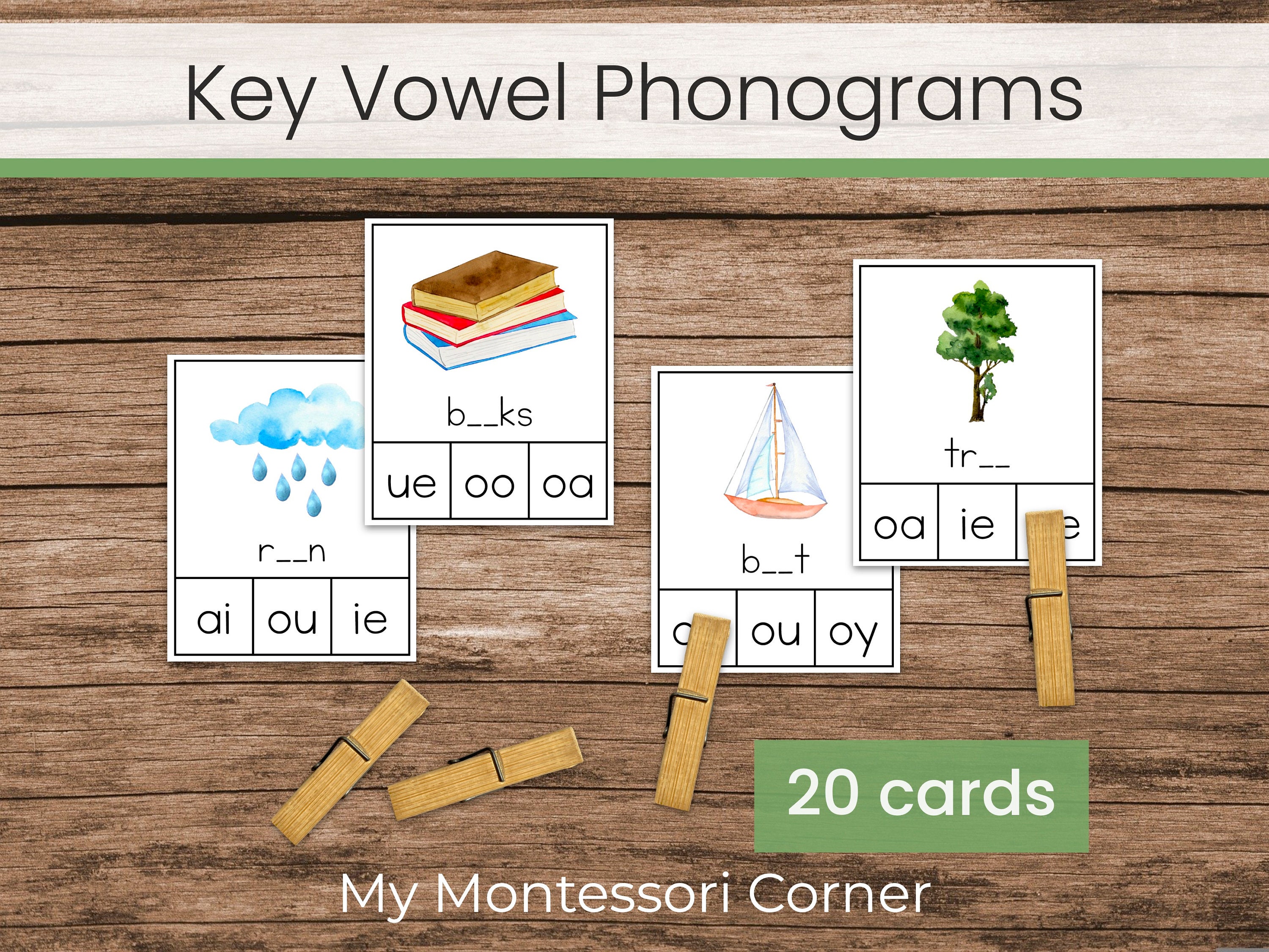 Key Vowel Phonograms Clip Cards montessori Green Series Reading and ...