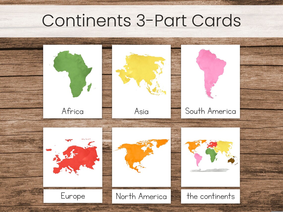 Montessori Continents 3 Part Cards, Preschool or Kindergarten Geography ...