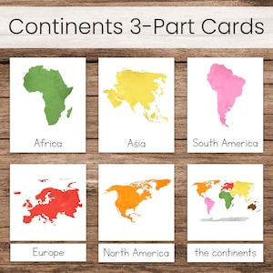 Montessori Continents 3 Part Cards, Preschool or Kindergarten Geography ...