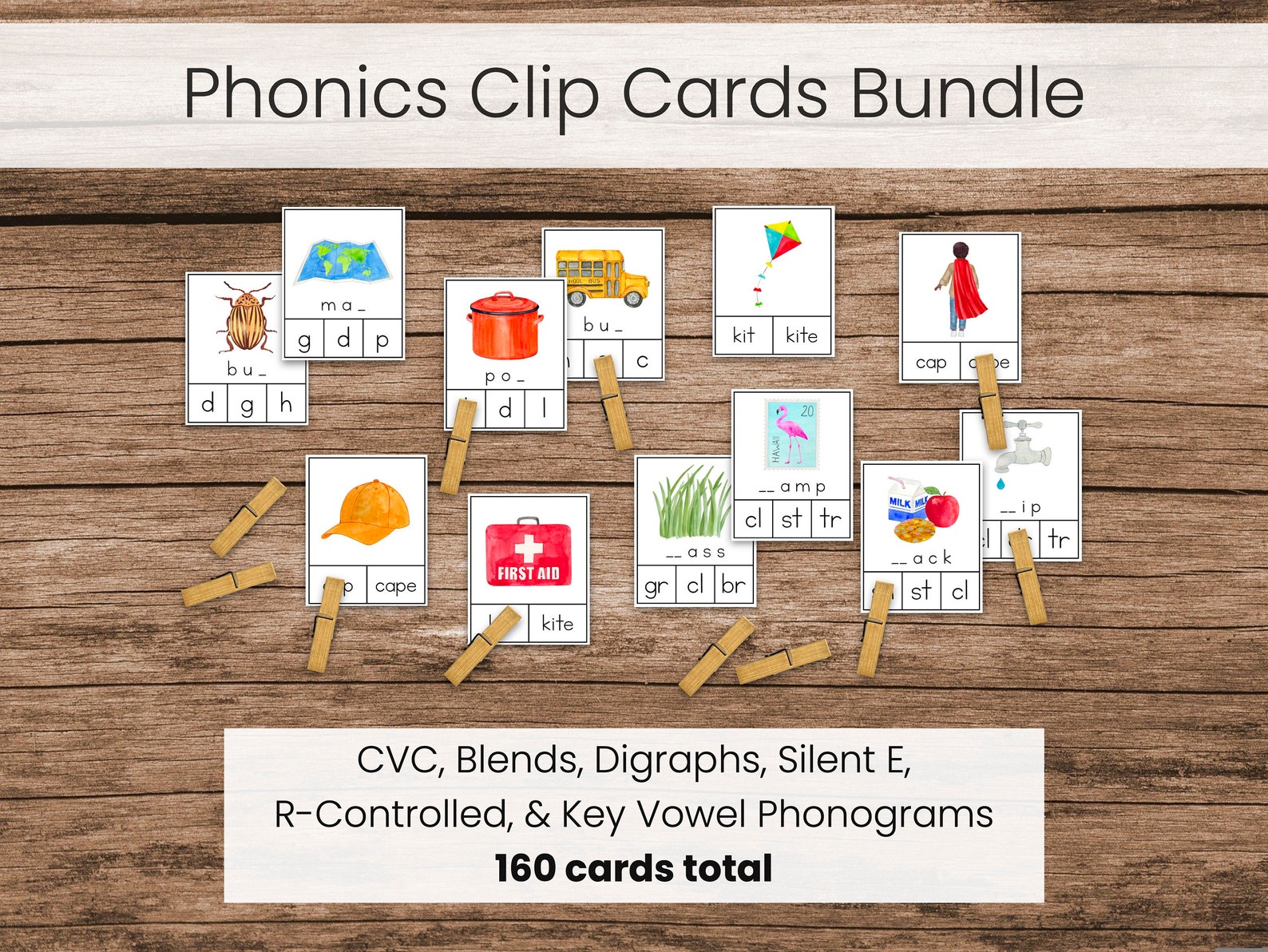 Montessori Phonics Clip Cards Bundle pink, Blue and Green Series ...
