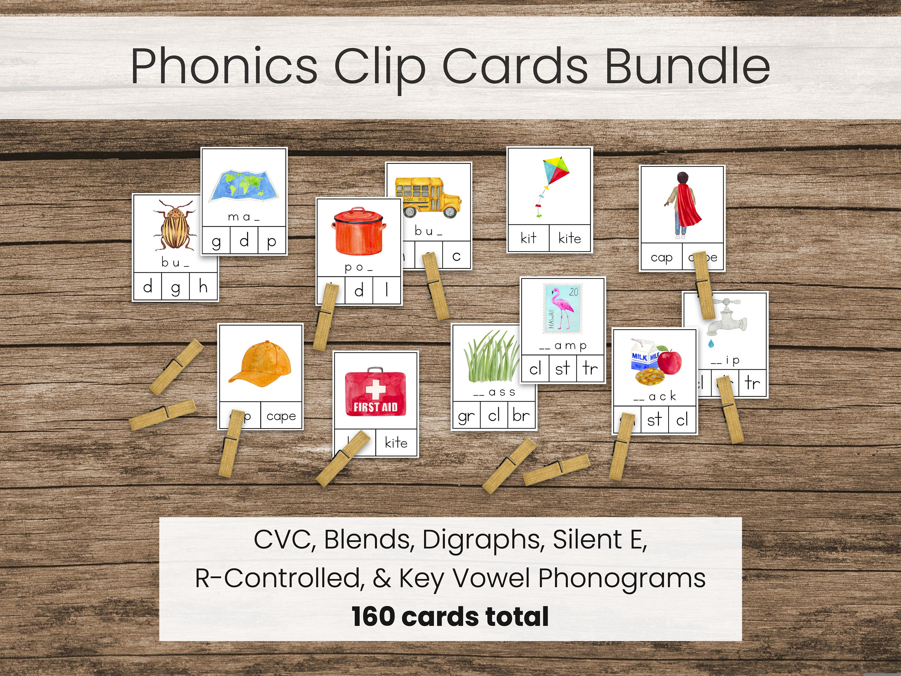 Montessori Phonics Clip Cards Bundle pink, Blue and Green Series ...