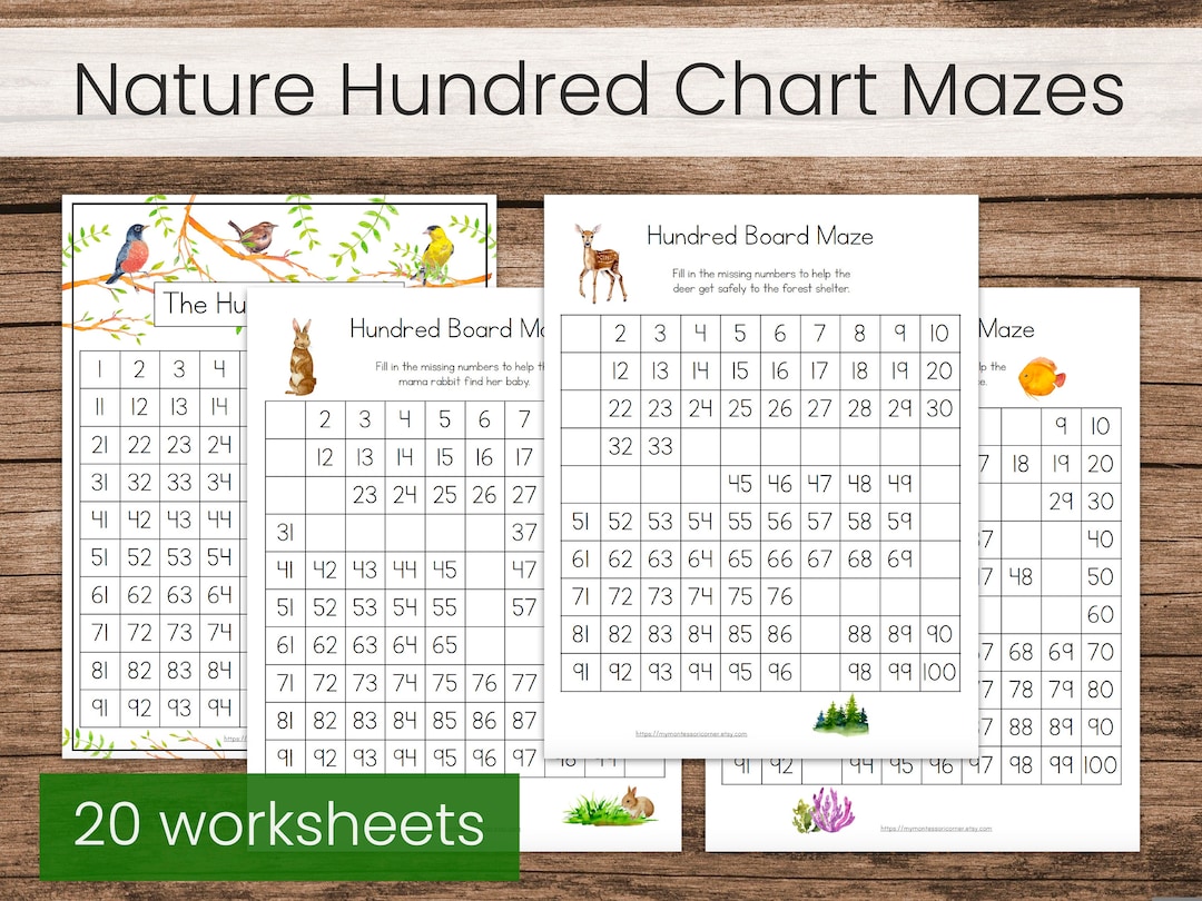 Hundred Chart Maze Worksheets, Nature Theme (montessori Math Printable ...