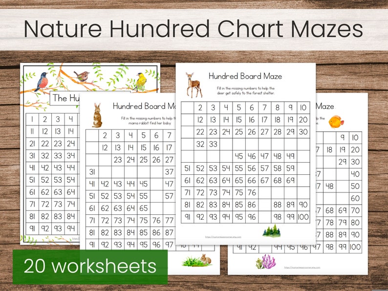 Hundred Chart Maze Worksheets, Nature Theme (montessori Math Printable ...
