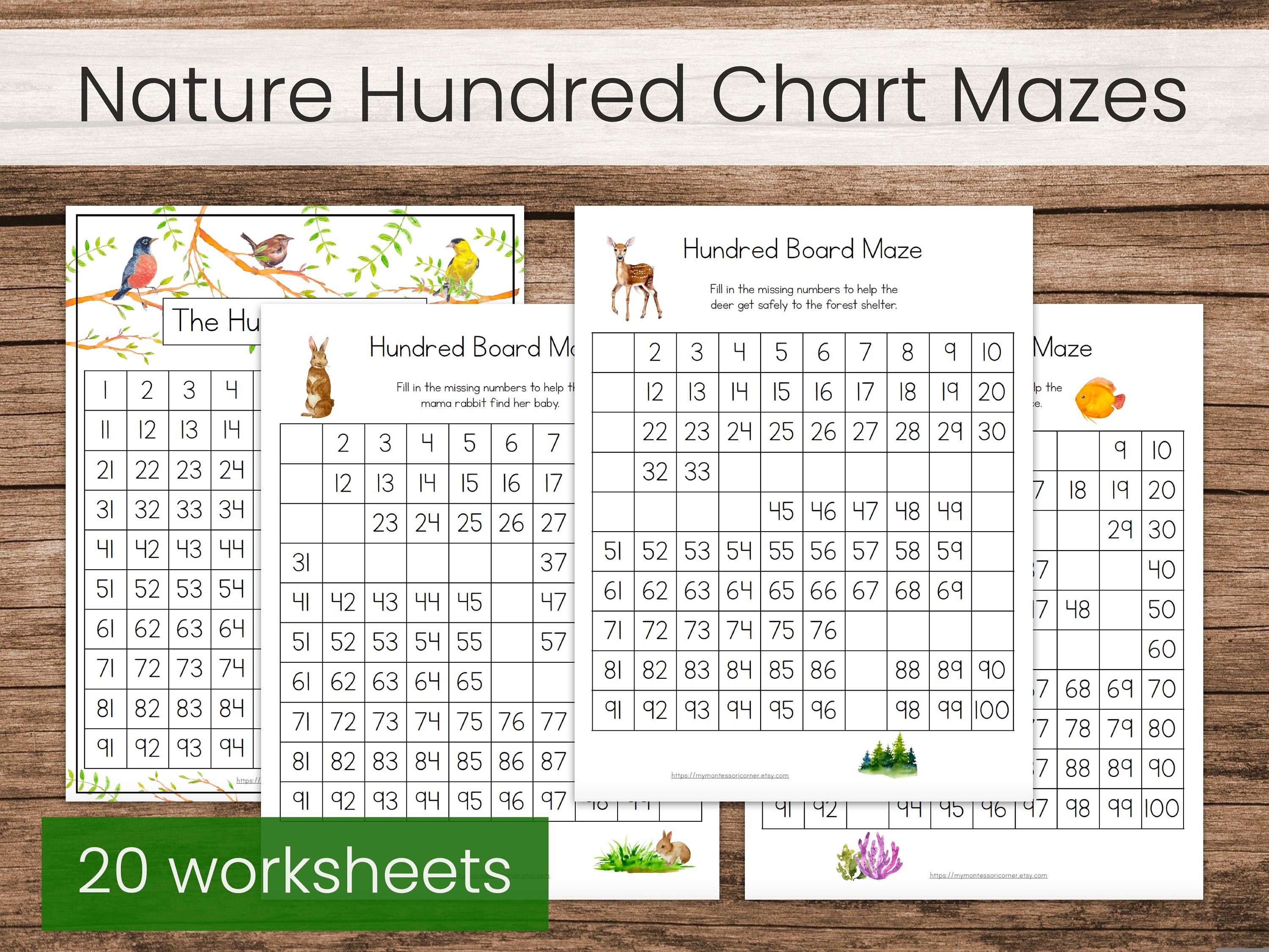 Hundred Chart Maze Worksheets, Nature Theme (montessori Math Printable ...