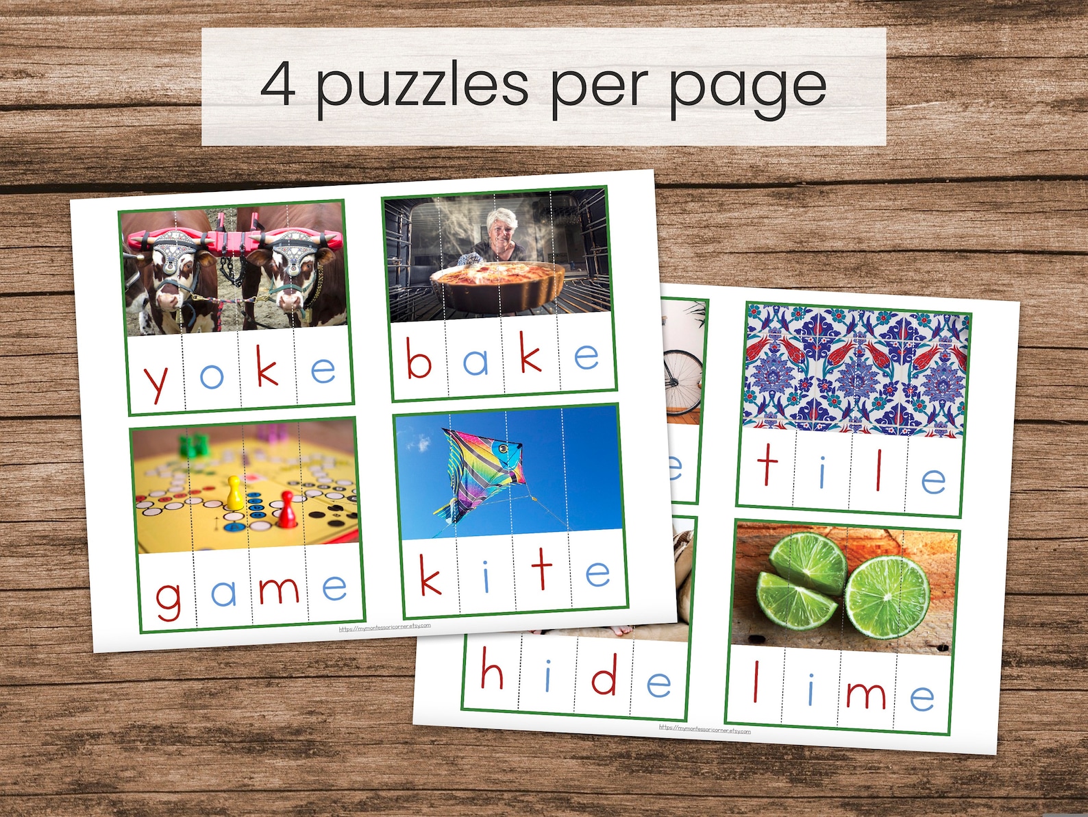 Silent E Picture Word Puzzles montessori Green Series Phonics Printable ...