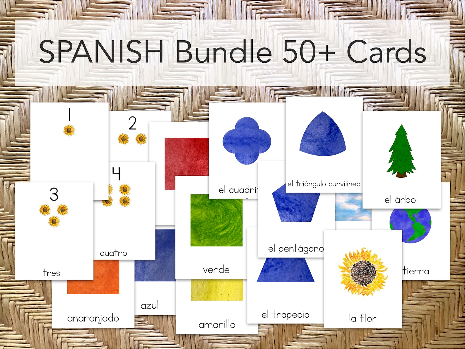 SPANISH 3-part Cards Basics Bundle: Shapes, Colors, Numbers, Nature ...