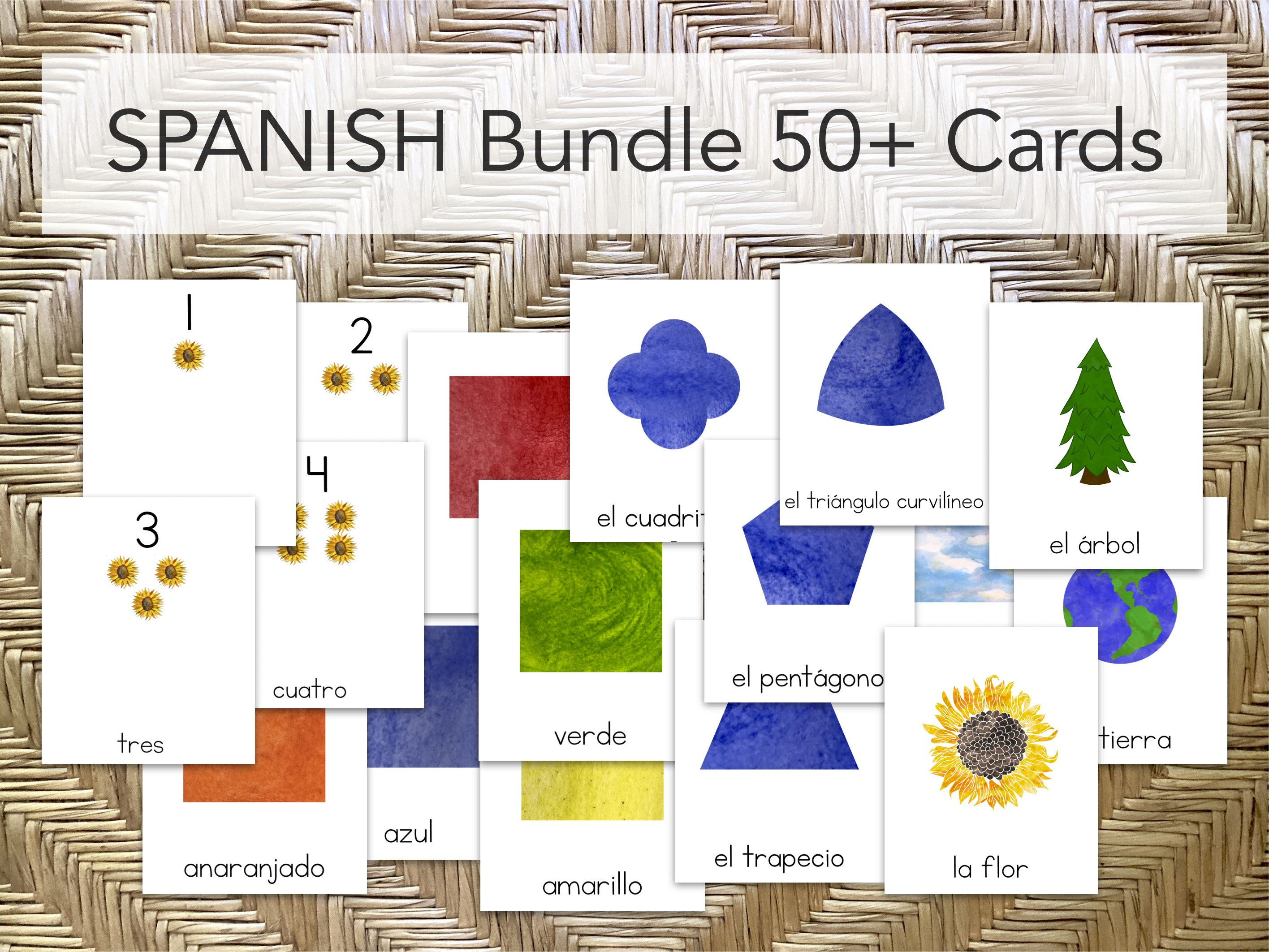 SPANISH 3-part Cards Basics Bundle: Shapes, Colors, Numbers, Nature ...