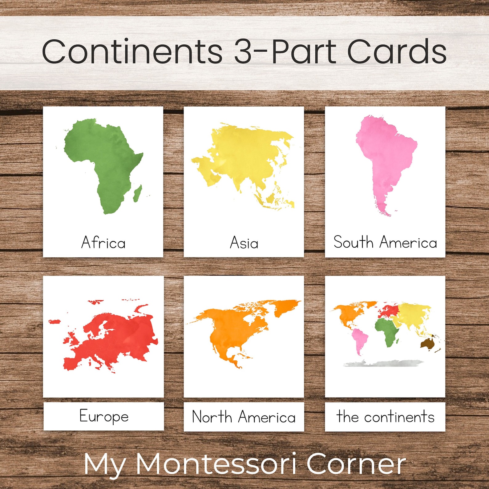 Montessori Continents 3 Part Cards, Preschool or Kindergarten Geography ...