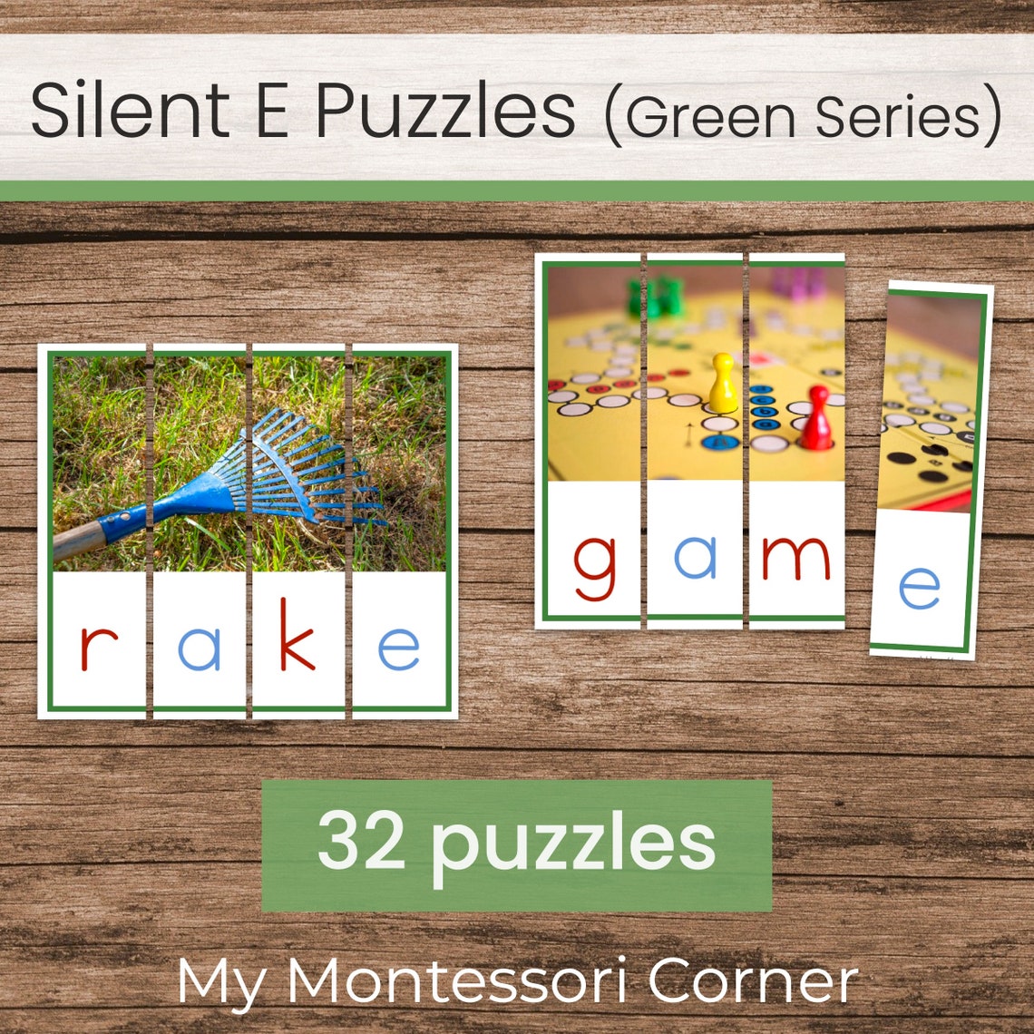 Silent E Picture Word Puzzles montessori Green Series Phonics Printable ...