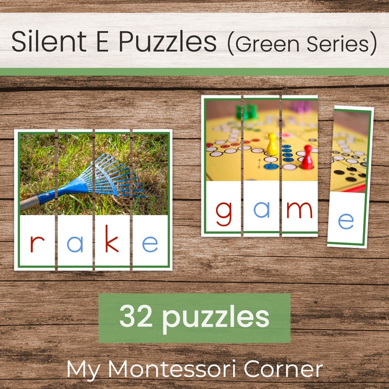 Silent E Picture Word Puzzles montessori Green Series Phonics Printable ...