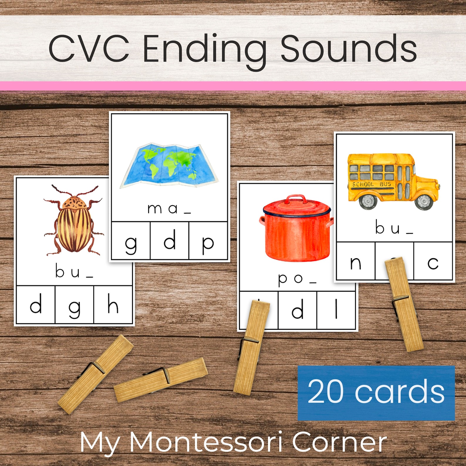 CVC Ending Sounds Clip Cards montessori Pink Series Language Activity ...