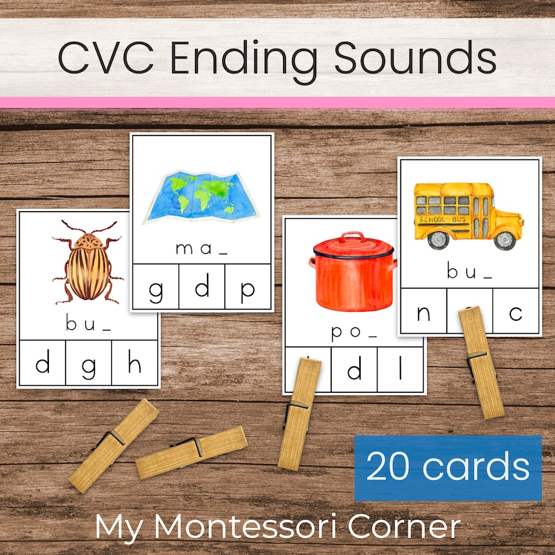 CVC Ending Sounds Clip Cards (montessori Pink Series Language Activity ...