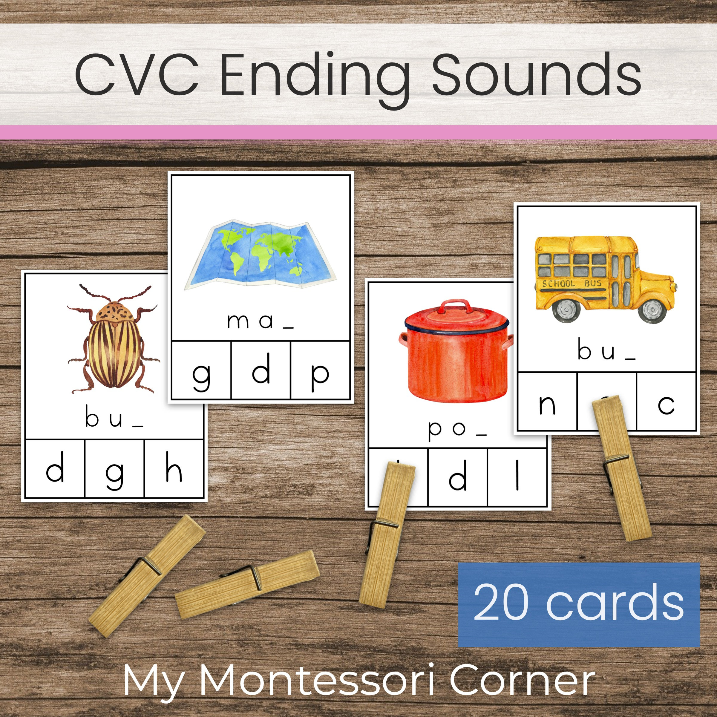 CVC Ending Sounds Clip Cards montessori Pink Series Language Activity ...
