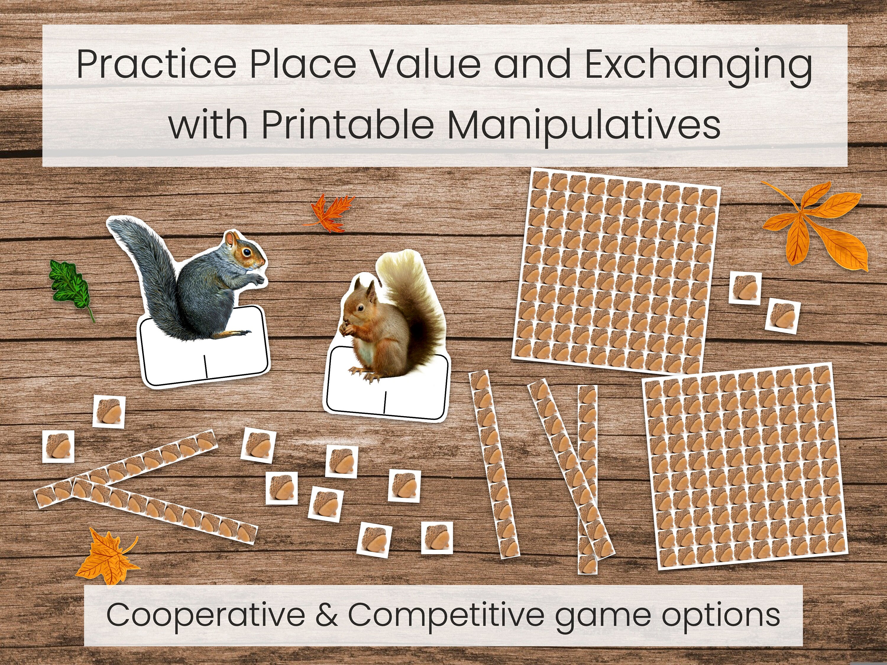 Fall Squirrels Math Game, Montessori Place Value Practice and Golden ...