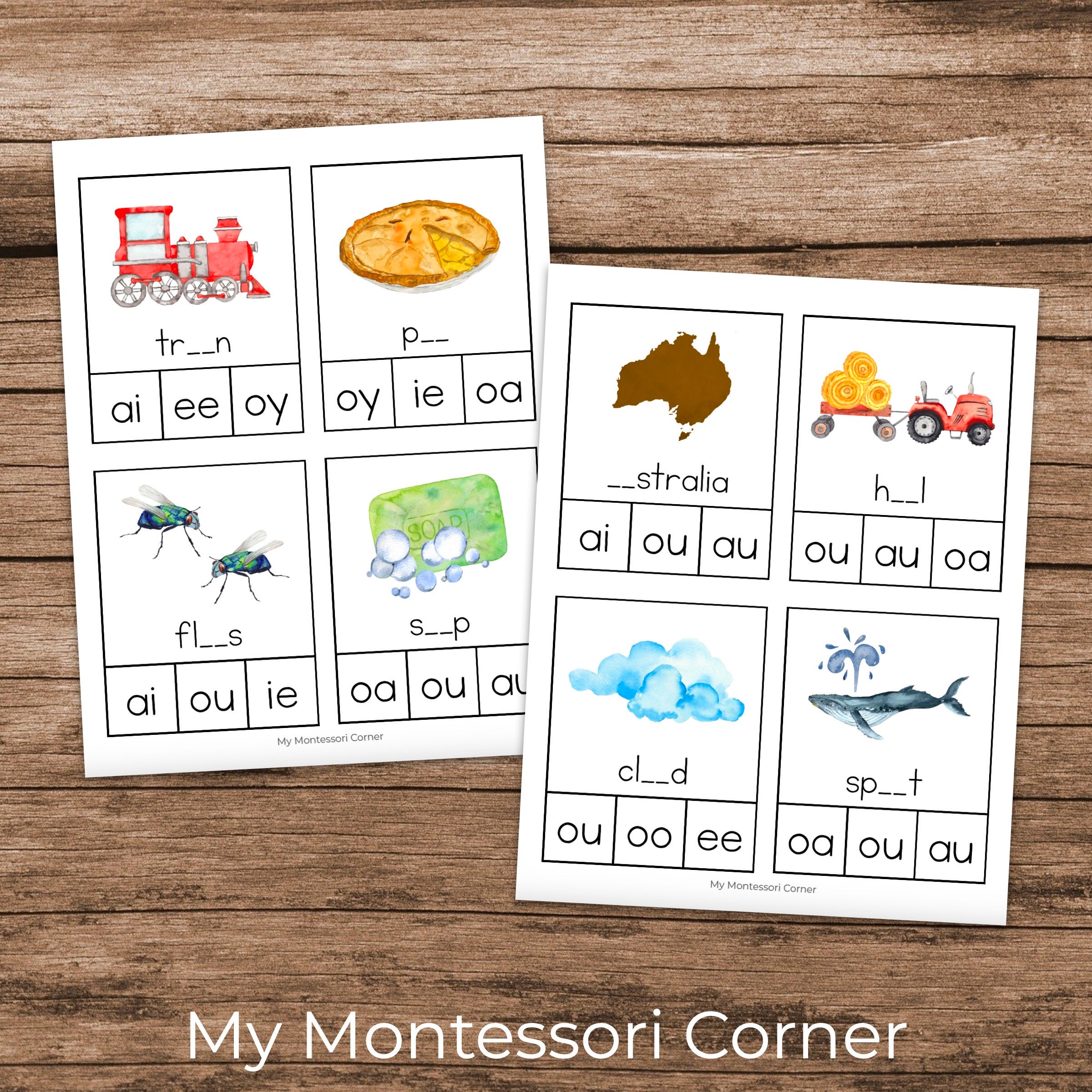 Key Vowel Phonograms Clip Cards (montessori Green Series Reading and ...