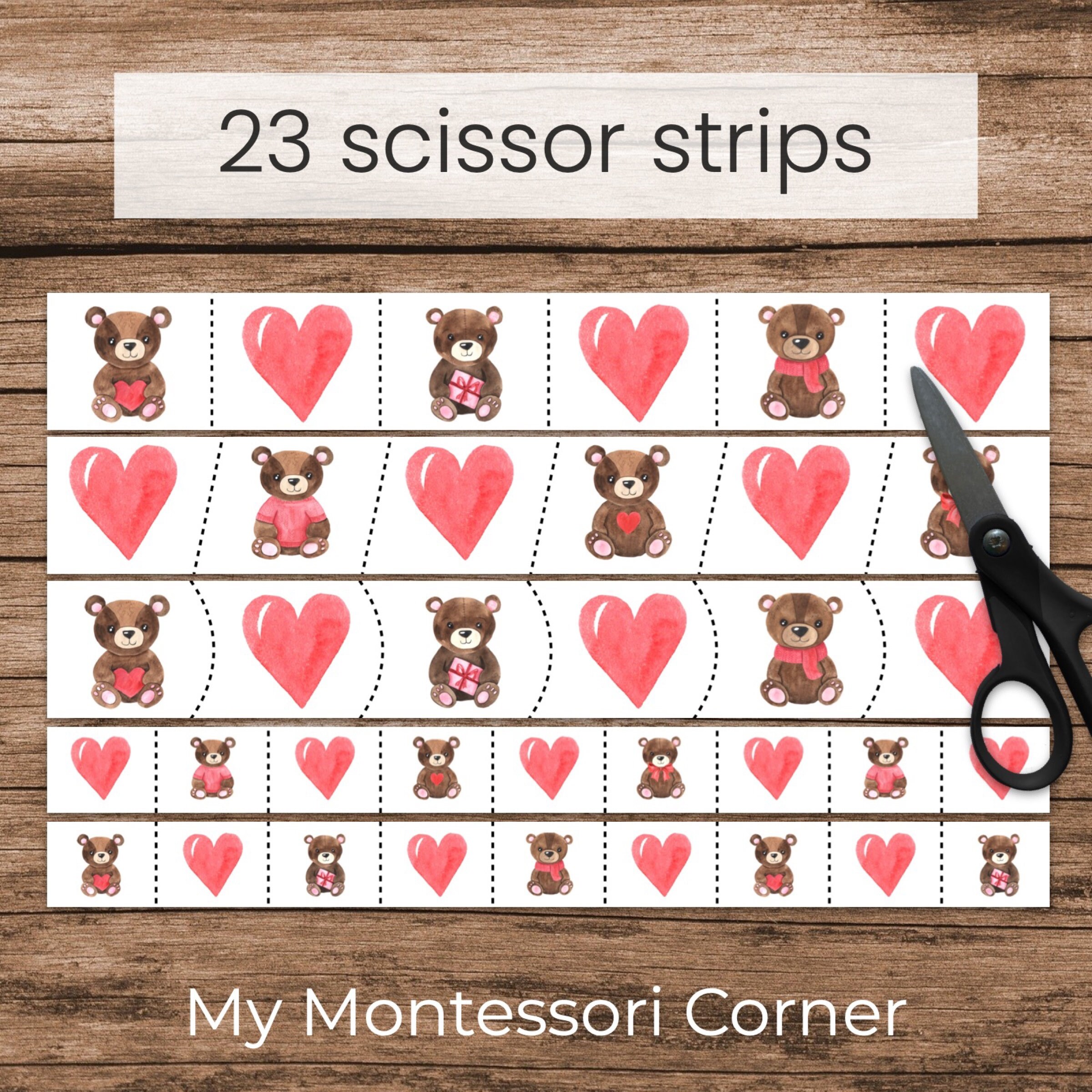 Hearts and Bears Scissors Practice and Cutting Strips, Montessori ...