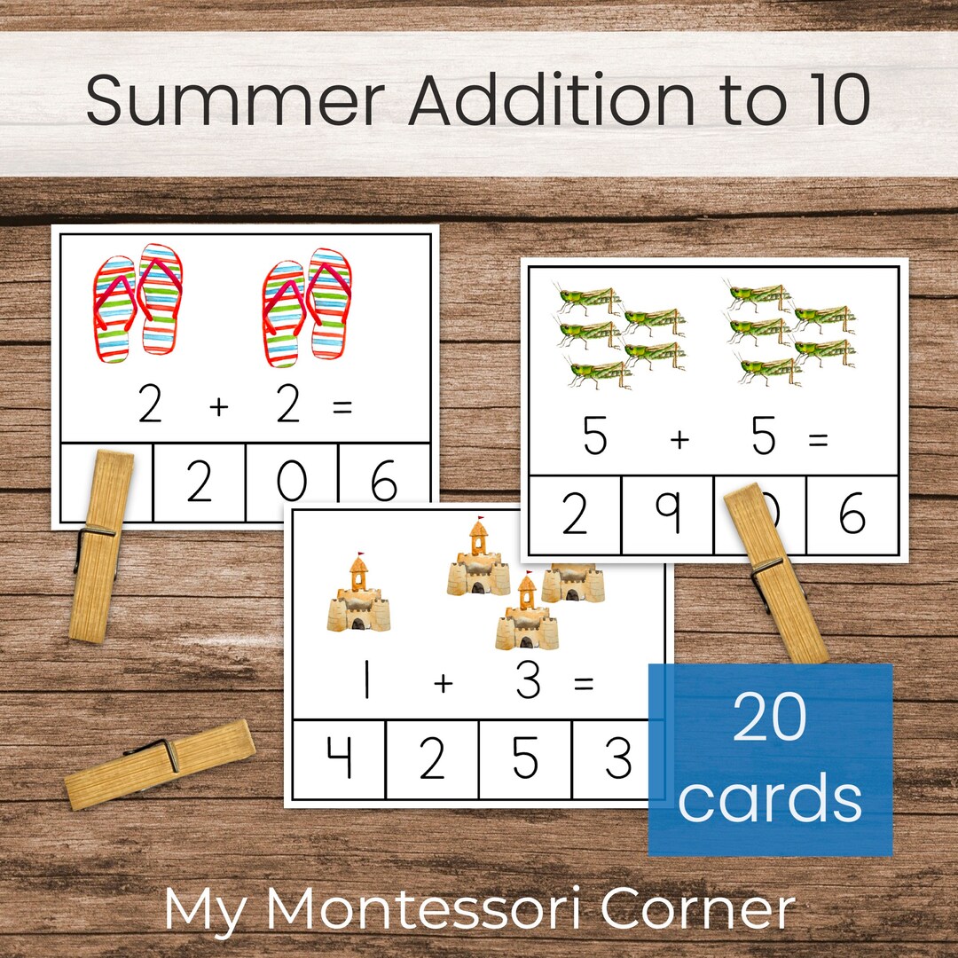Summer Addition Within 10 Clip Cards (montessori Preschool Math ...