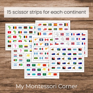 World Flags Scissors Strips and Continent Puzzles, Montessori Preschool ...
