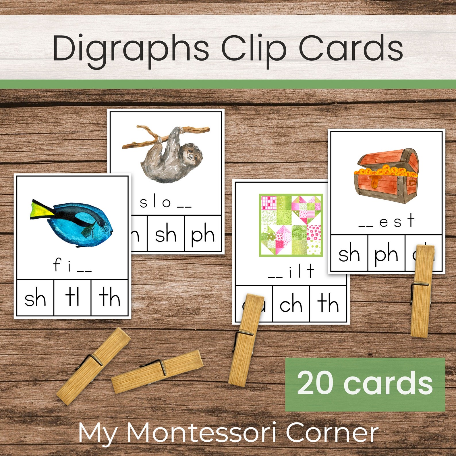 Digraphs CH, Qu, SH, TH Clip Cards (montessori Green Series Language ...