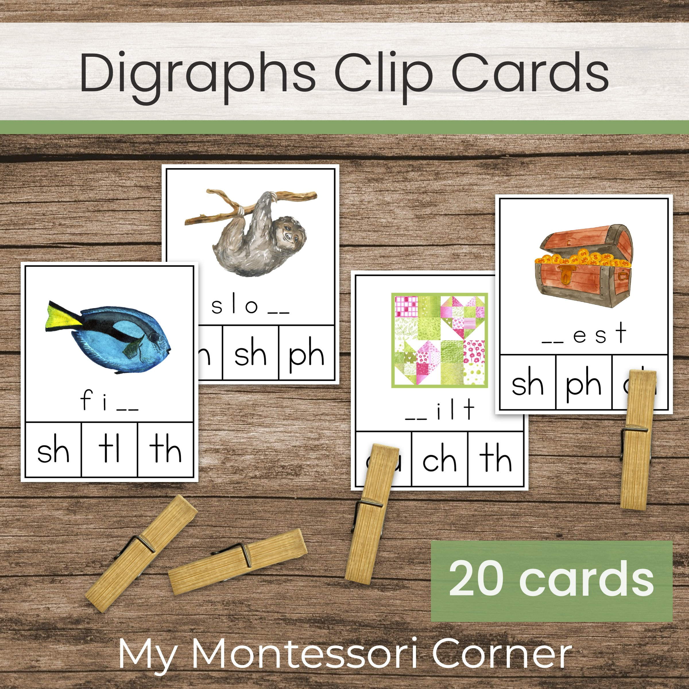 Digraphs CH, Qu, SH, TH Clip Cards (montessori Green Series Language ...